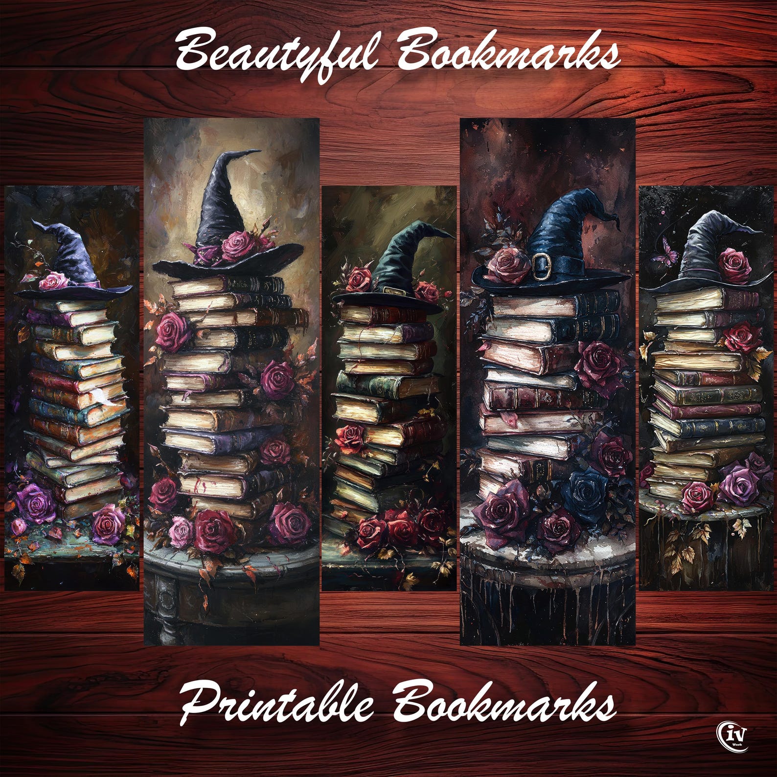 Printable Gothic Bookmarks With Vintage Books Magical Hat Dark Roses ...