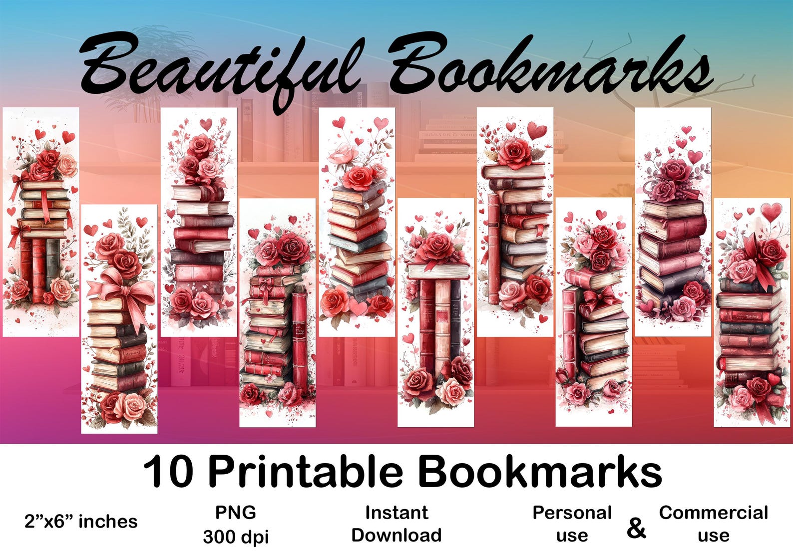 Romantic Printable Bookmarks Set With Red Books Roses and Hearts ...