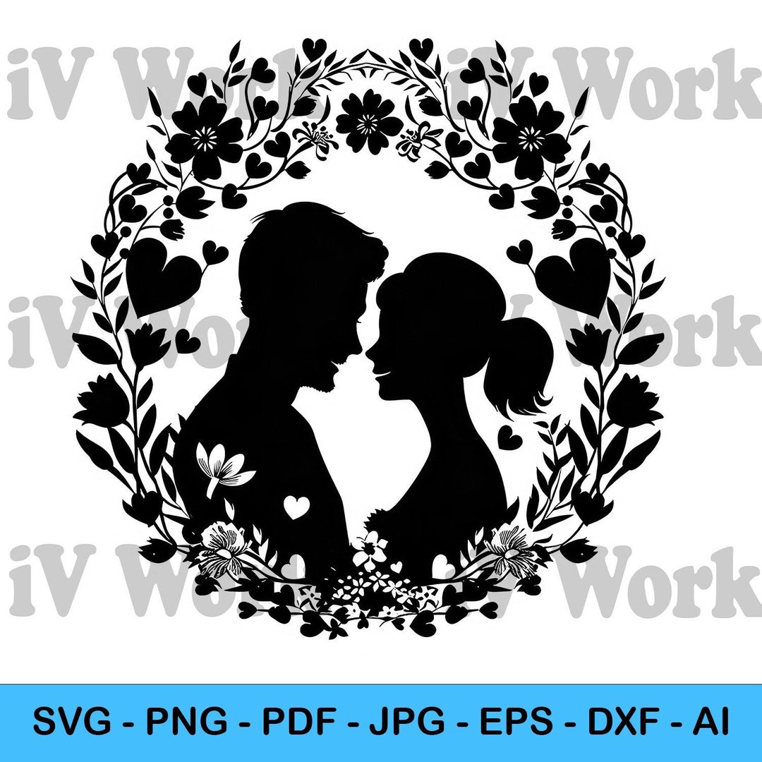 Romantic SVG Loving Couple Round Floral Frame Digital Clipart Vector ...