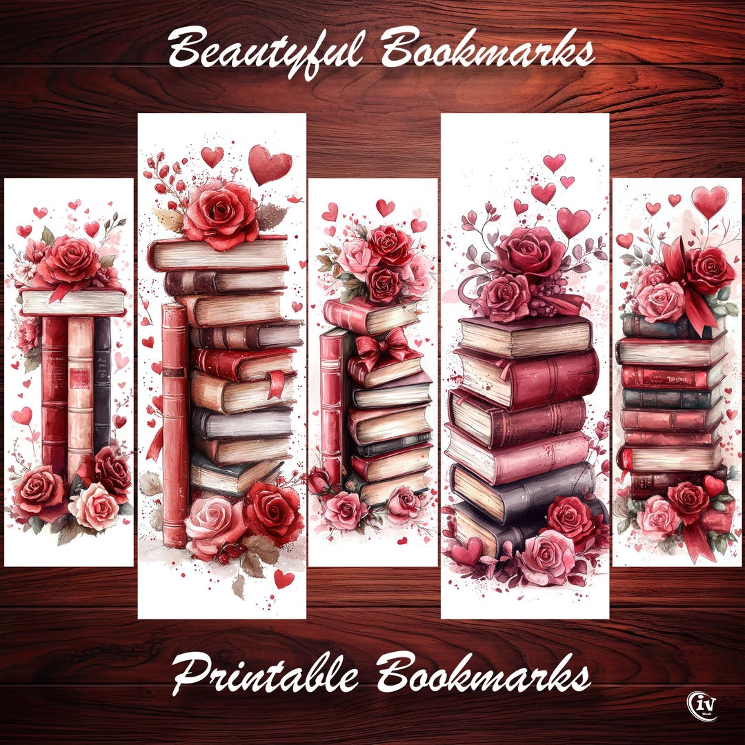 Romantic Printable Bookmarks Set With Red Books Roses and Hearts ...