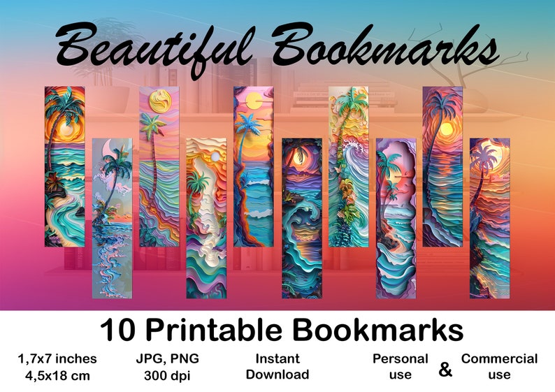 Summer Bookmark Seascape Palm Tree Set of 10 Instant Digital Download ...