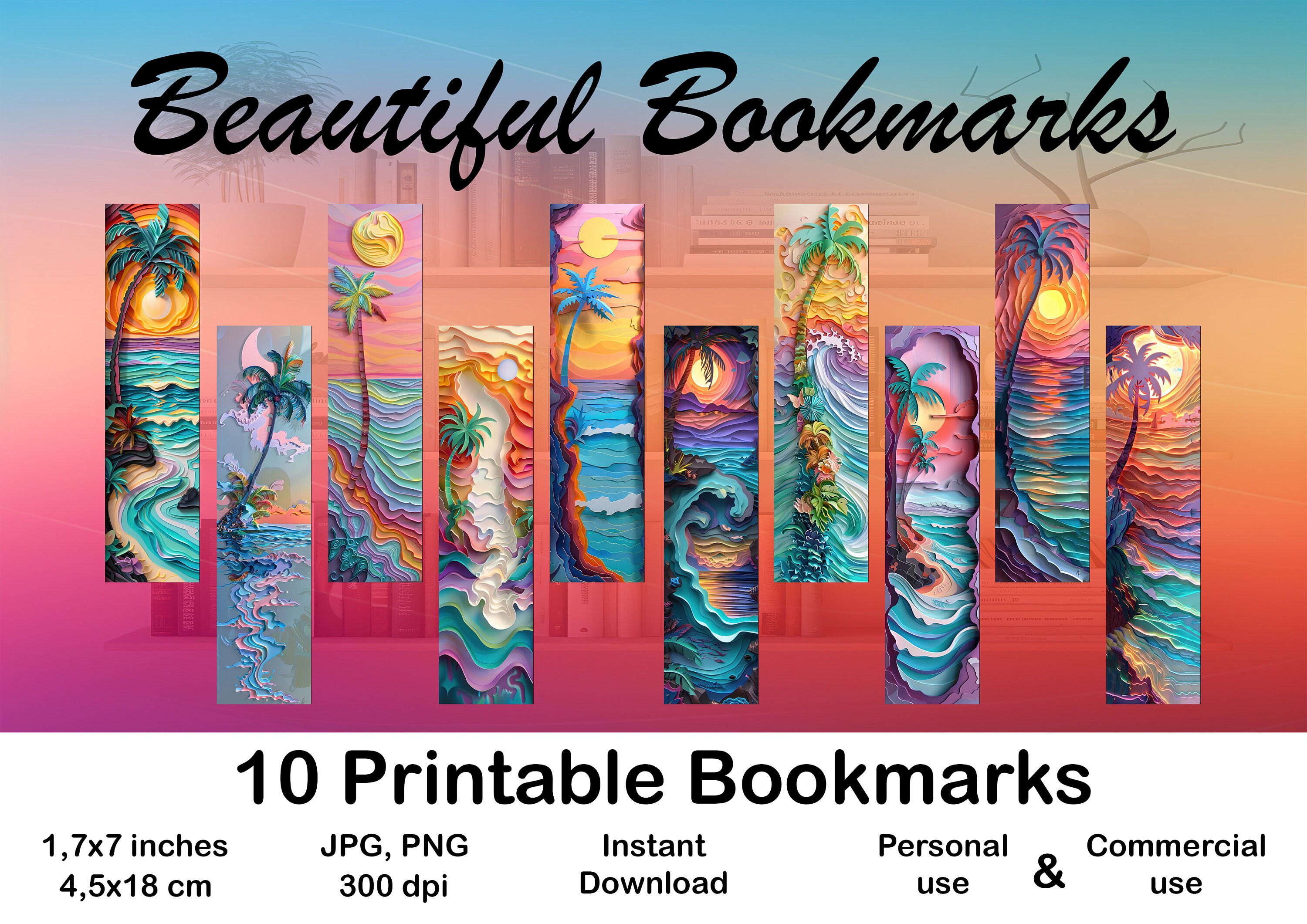 Summer Bookmark Seascape Palm Tree Set of 10 Instant Digital Download ...