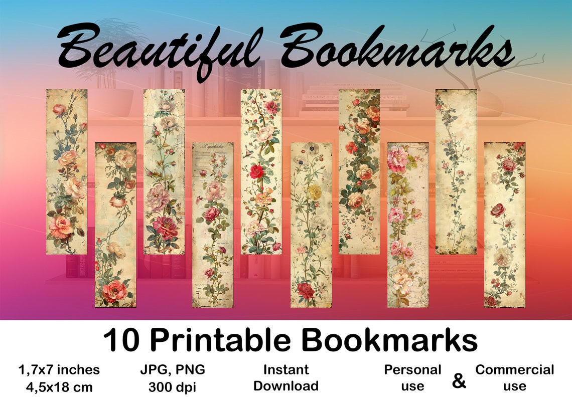 Vintage Bookmark Printable Floral Design Set of 10 Bookmark in Shabby ...