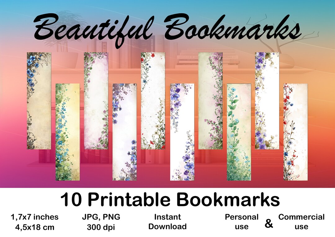 Boho Flowers Watercolor Bookmark Set Printable of 10 Shabby Chic ...