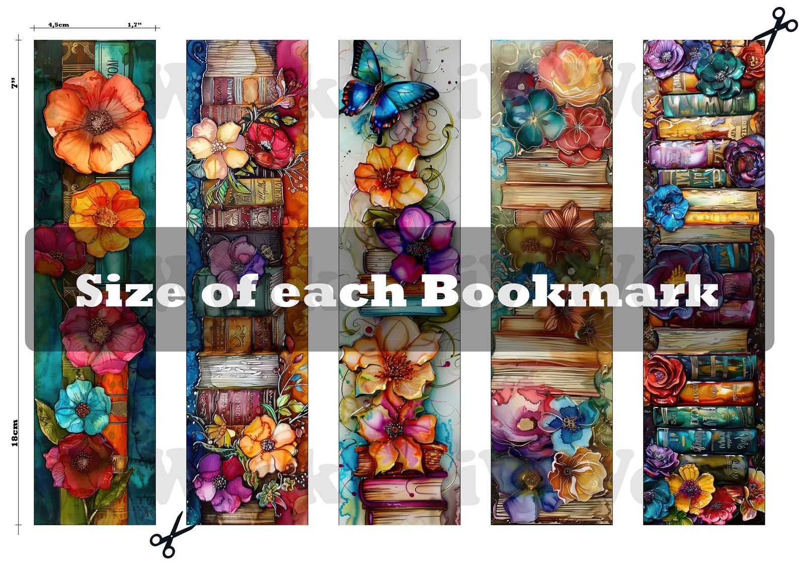 Books and Colorful Flowers Bookmarks Alcohol Ink Art Set of 10 ...