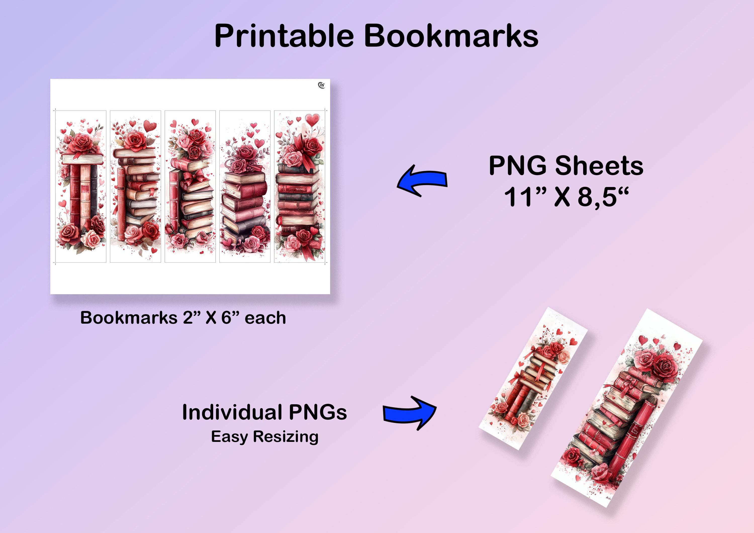 Romantic Printable Bookmarks Set With Red Books Roses and Hearts ...
