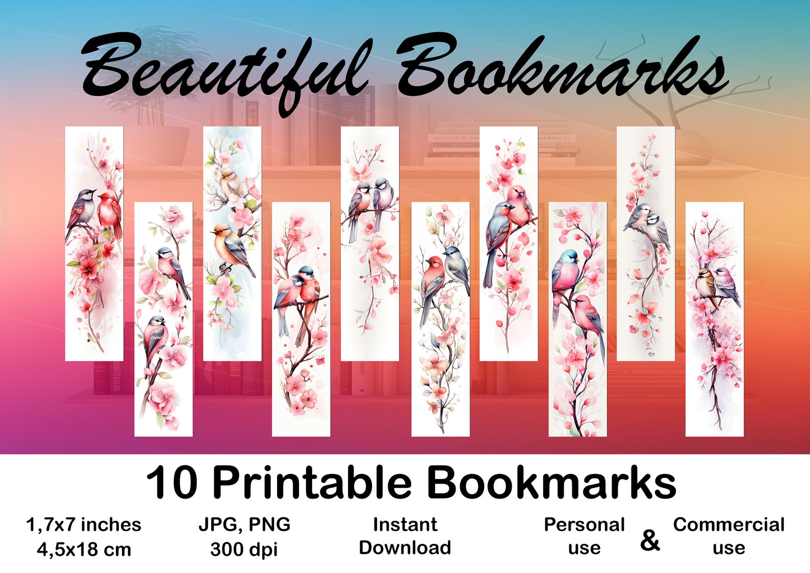 Spring Birds Watercolor Bookmarks Light Pink Set of 10 Printable Book ...