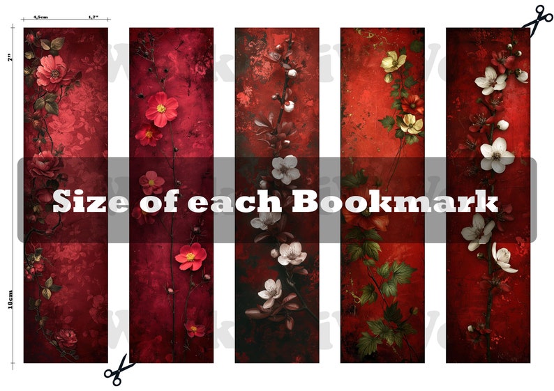 Bookmark Printable Set of 10 Bright Burgundy & Minimalist Flowers ...