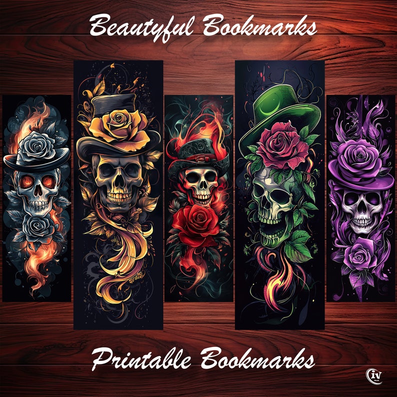 Skull Bookmark Printable Set of 10 Colorful Rose & Skull With Hat ...