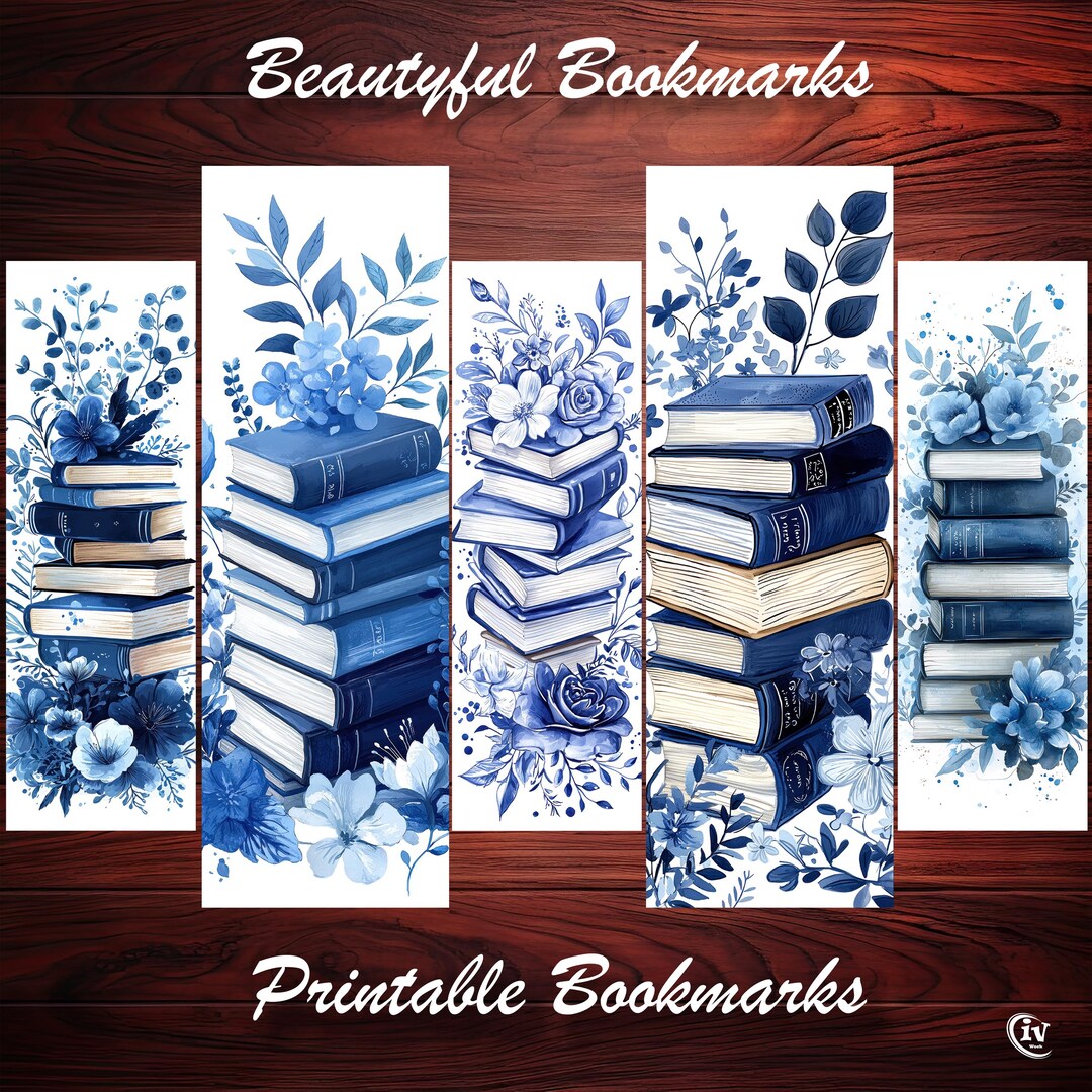 Printable Watercolor Bookmarks With Blue Books Flowers Perfect for Book ...
