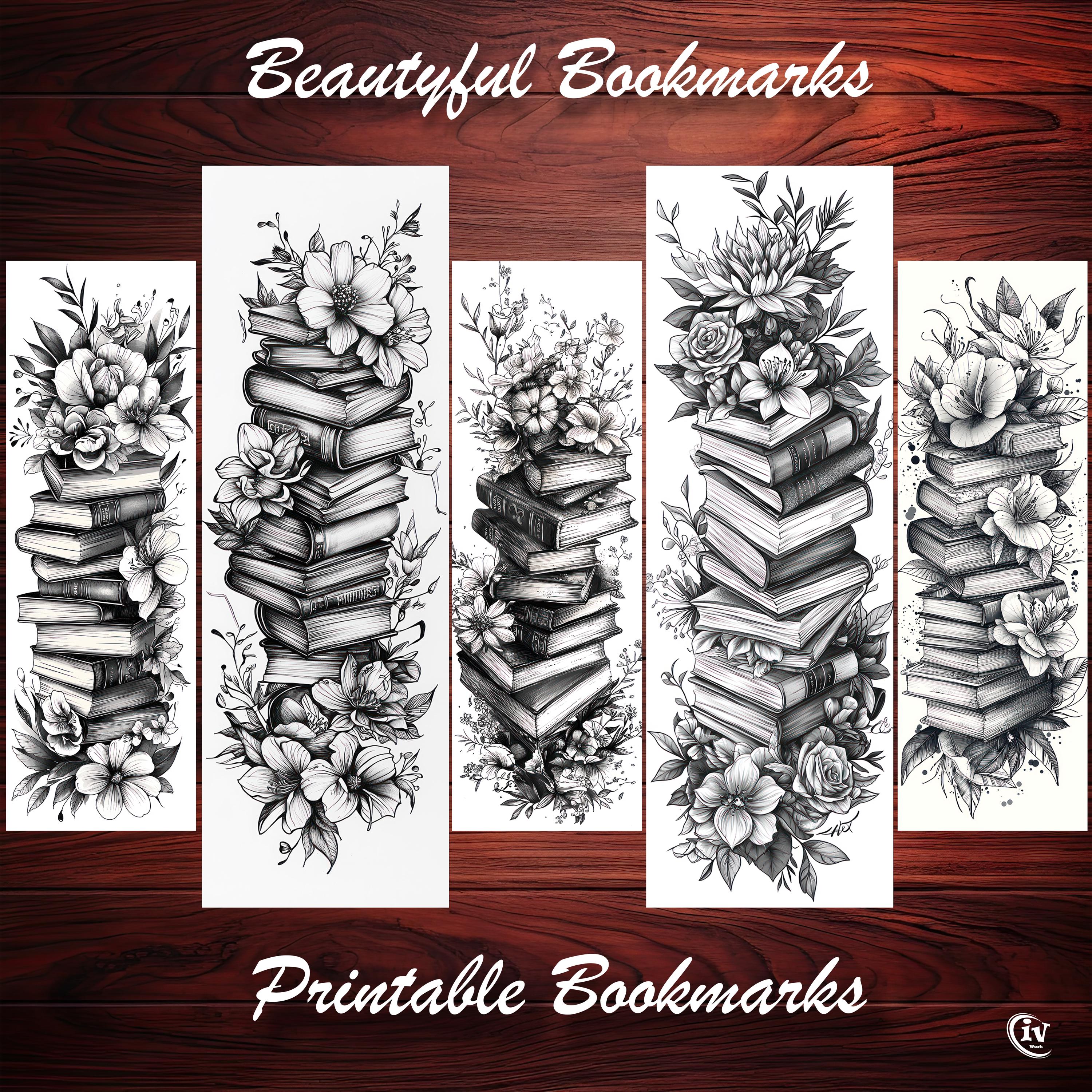 Beautiful Black and White Printable Bookmarks Set Messy Pile of Books ...