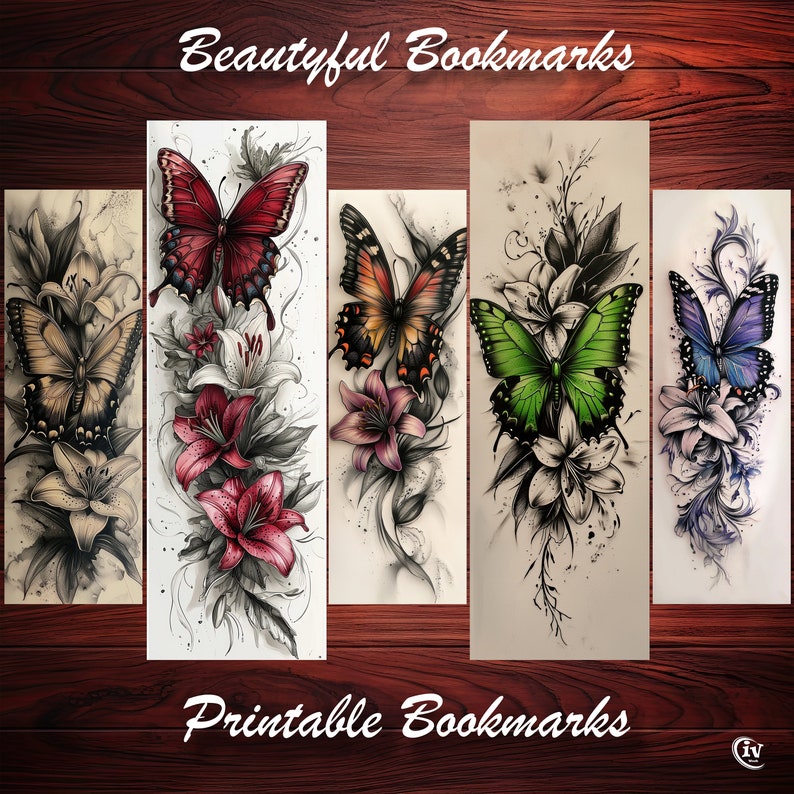 Tattoo Butterfly & Lily Flower Bookmark Set of 10 Beautiful Printable ...