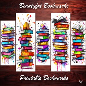 Watercolor Colorful Book Stack Bookmarks Set Printable Decorative ...