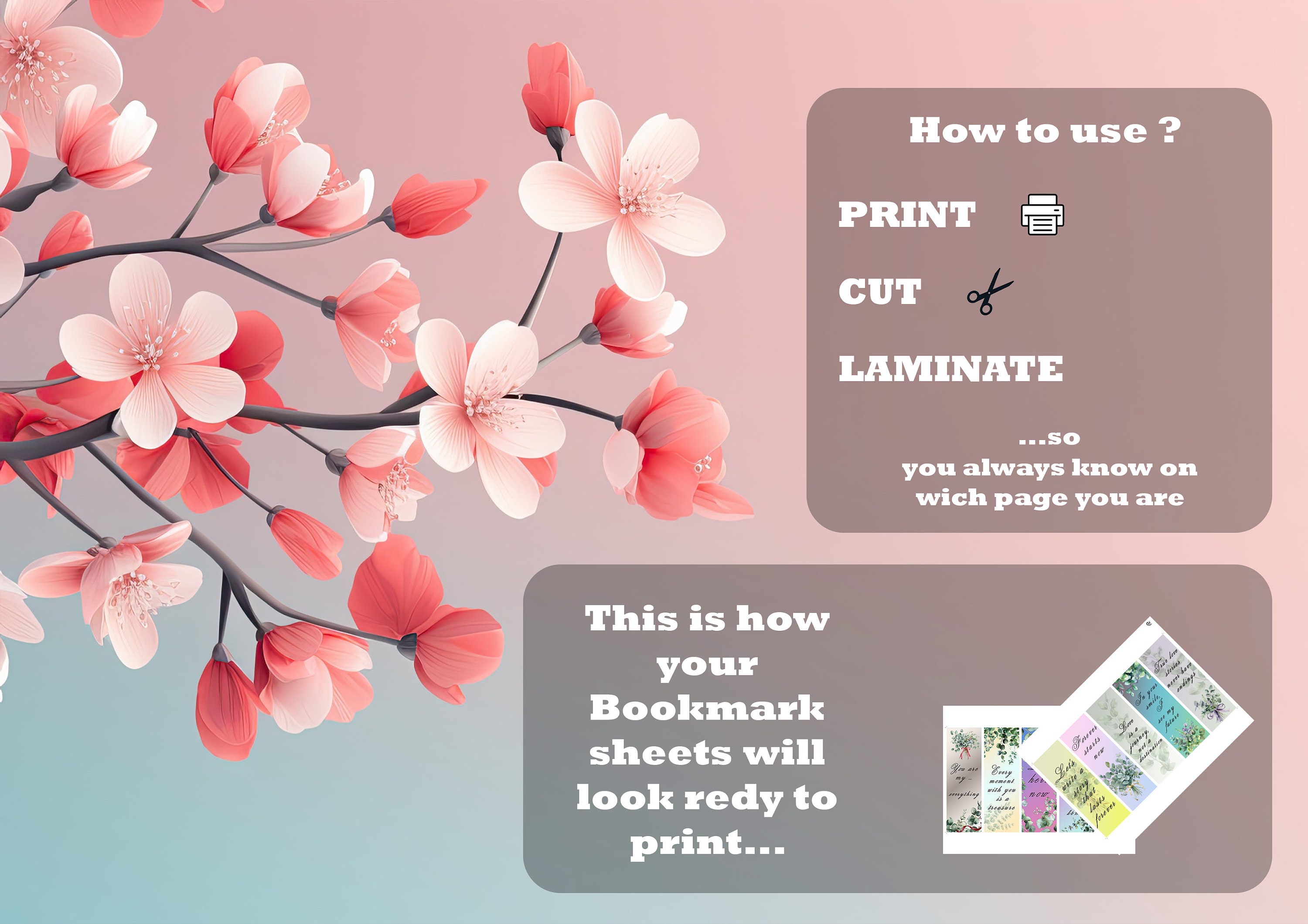 Eucalyptus Printable Bookmarks With Romantic Text Set of 10 for Book ...
