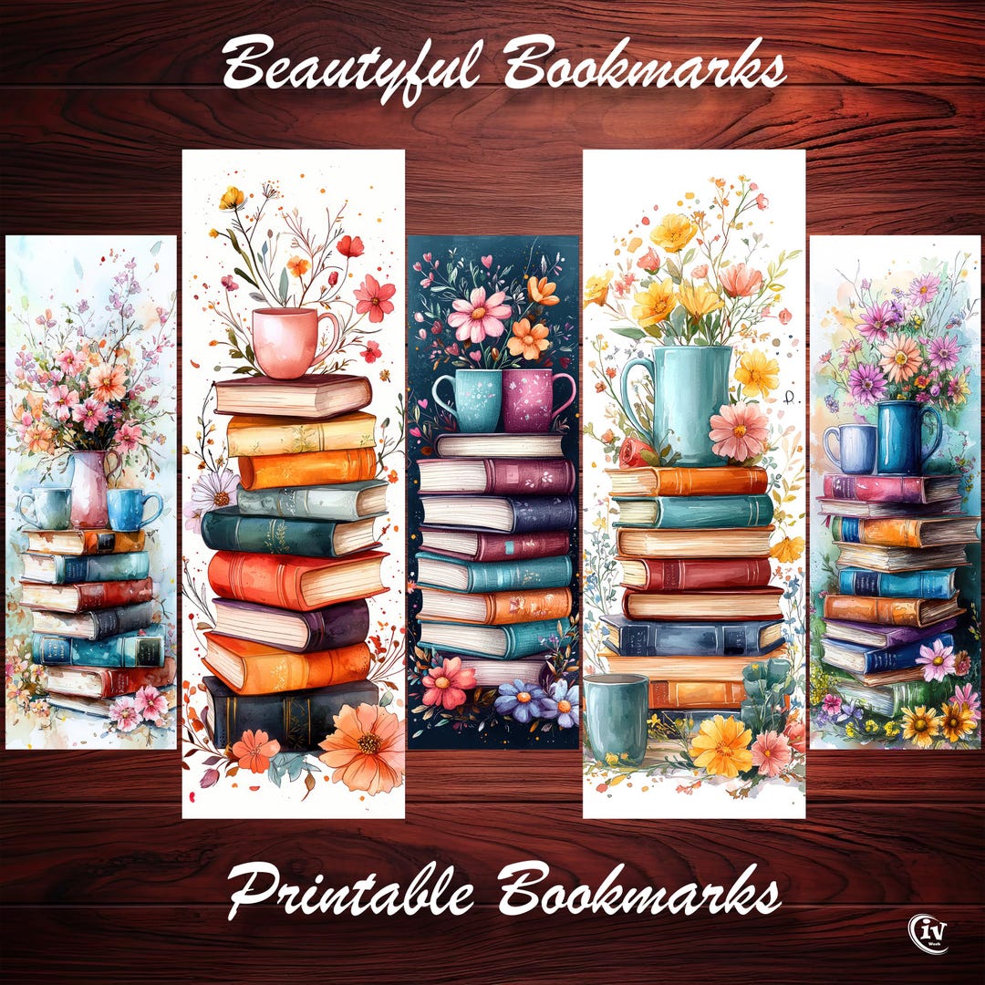 Printable Floral Bookmark With Book Stack for Book Lover or Reader Gift ...