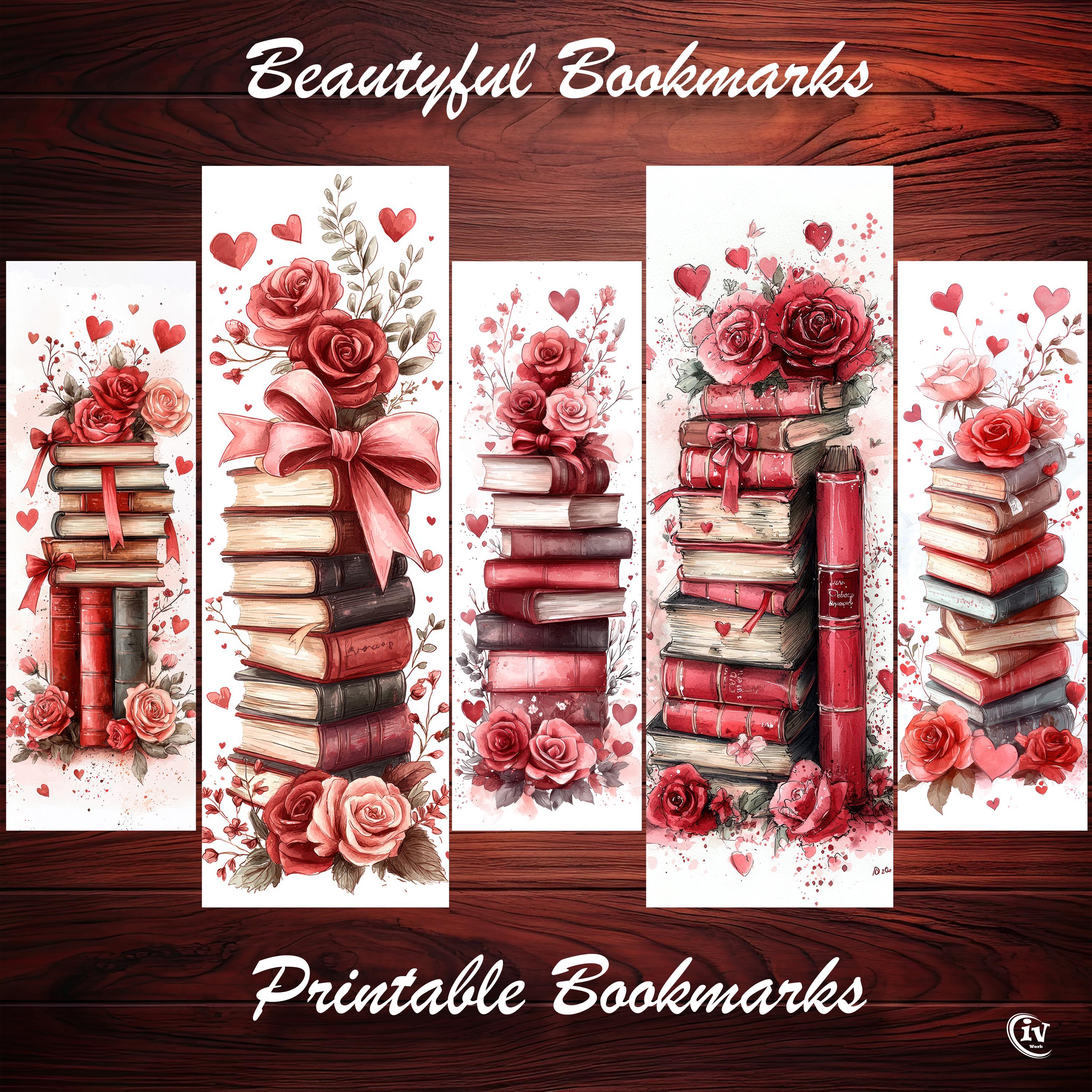 Romantic Printable Bookmarks Set With Red Books Roses and Hearts ...