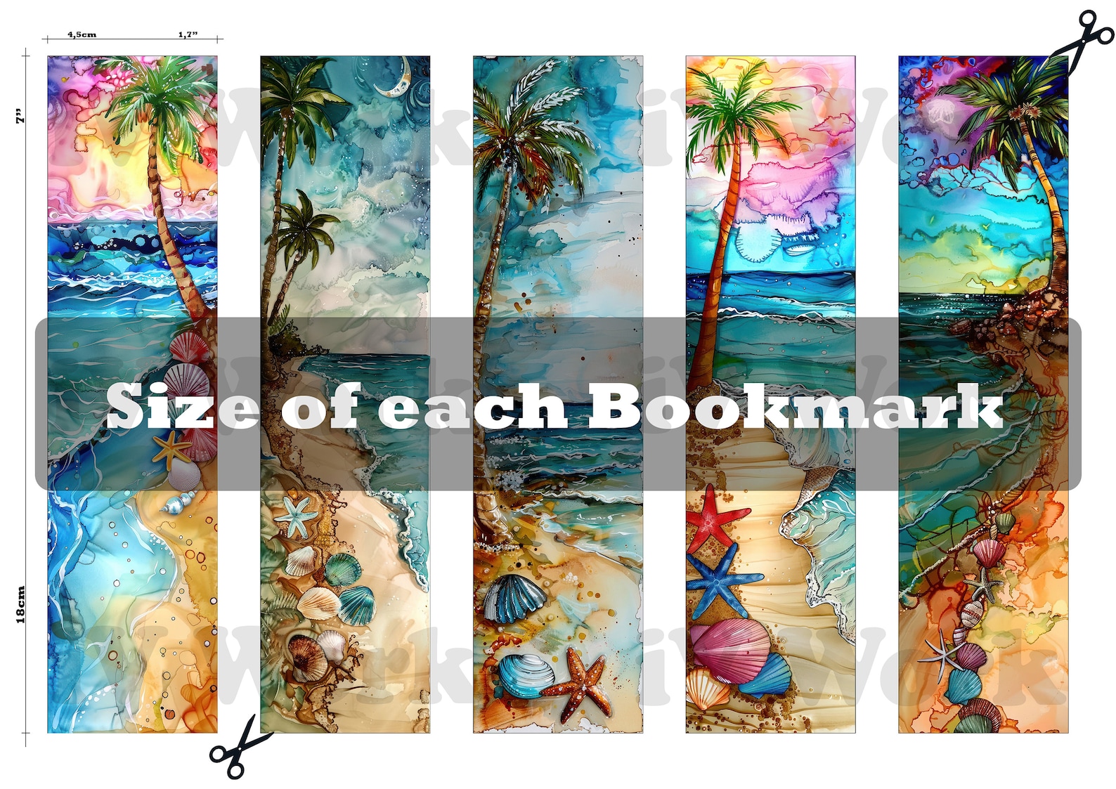 Summer Beach Printable Bookmark Set of 10 Palm and Sea Shells Bookmark ...