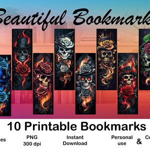 Skull Bookmark Printable Set of 10 Colorful Rose & Skull With Hat ...