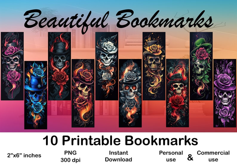Skull Bookmark Printable Set of 10 Colorful Rose & Skull With Hat ...