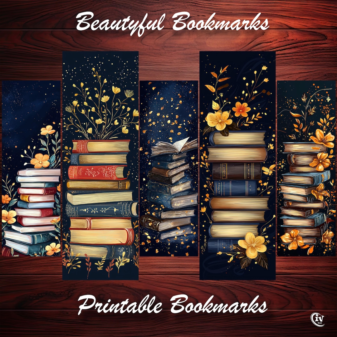 Vintage Book Stack Bookmark Set of 10 Printable Decorative Bookworm DIY Gift Idea for Book Lover ...