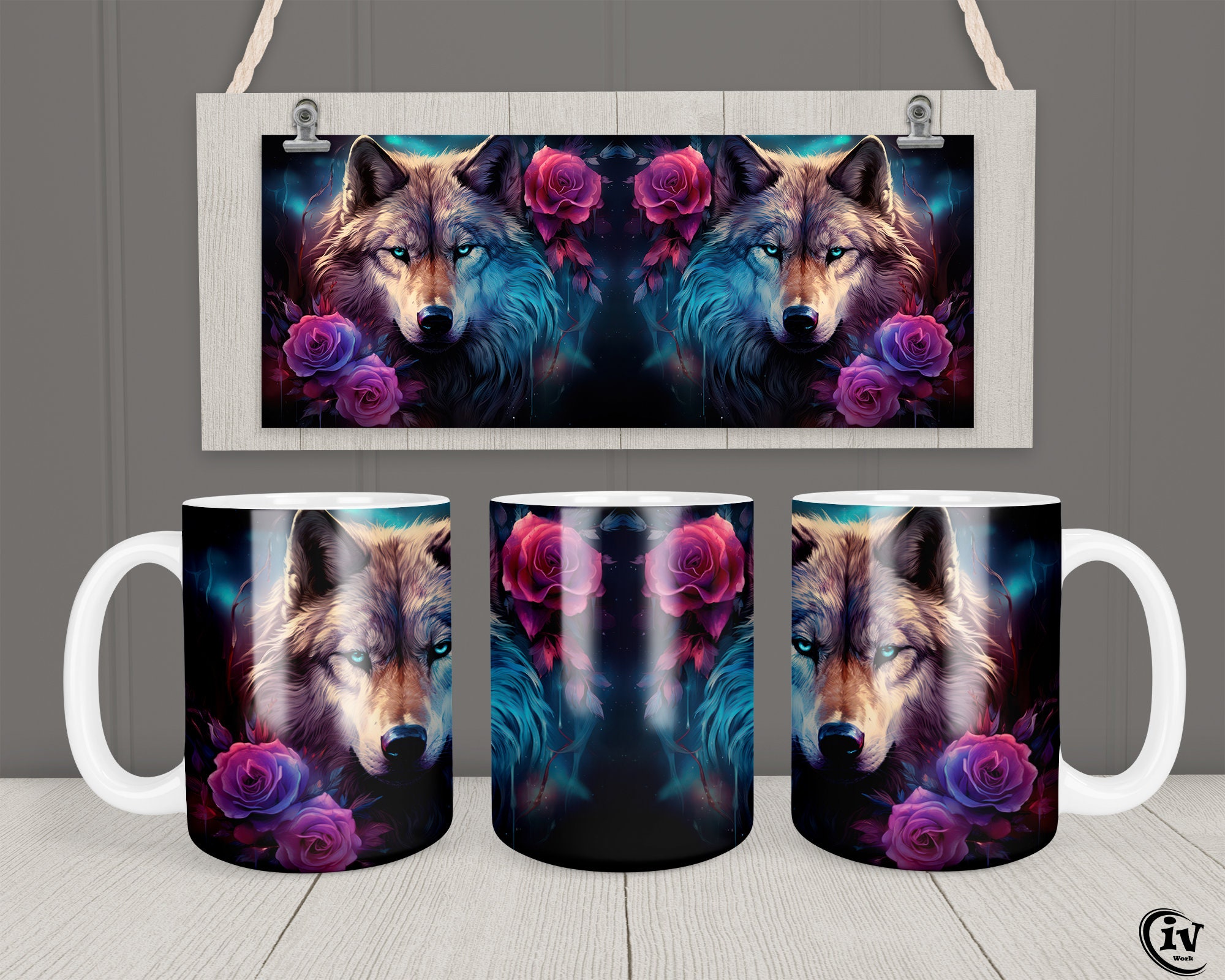 Wolf Mug Wrap 11oz & 15oz Mug Template Wolf in Roses Mug Sublimation ...