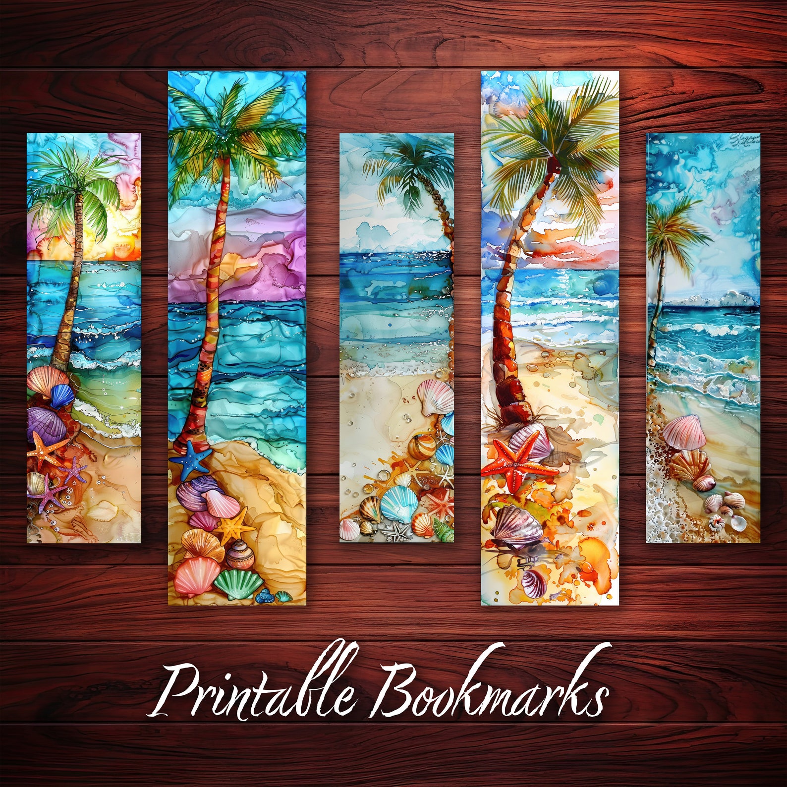 Summer Beach Printable Bookmark Set of 10 Palm and Sea Shells Bookmark ...