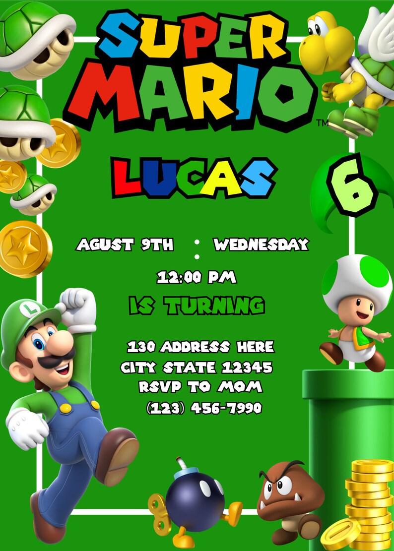 Mario Bros Invitation, Super Mario Birthday Invitation, Super Brothers ...