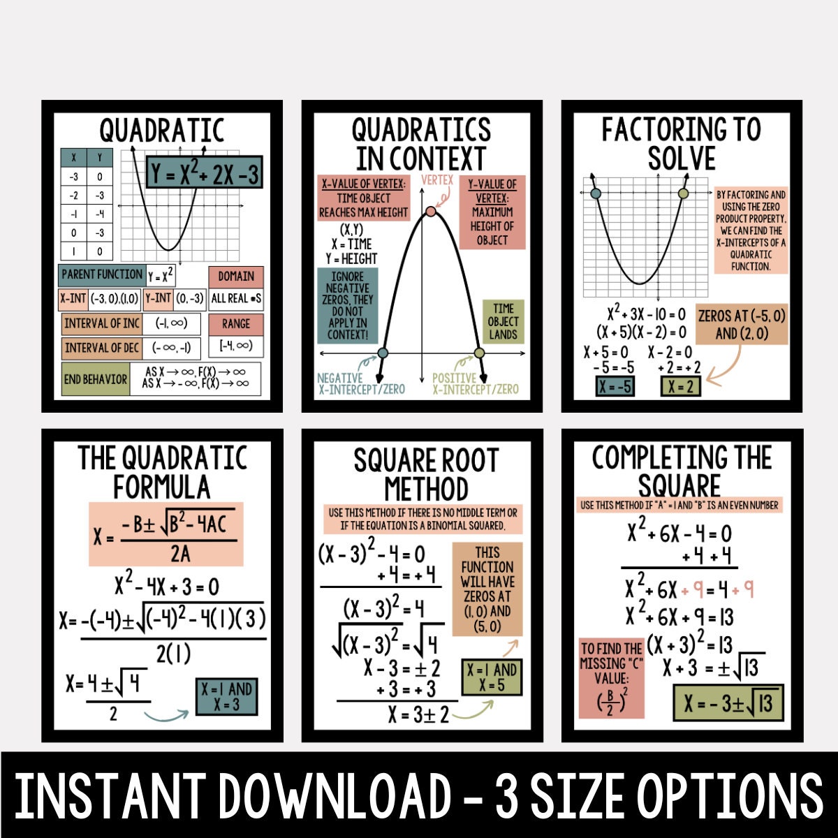 Quadratic Posters Quadratic Formula Algebra Posters High School Math