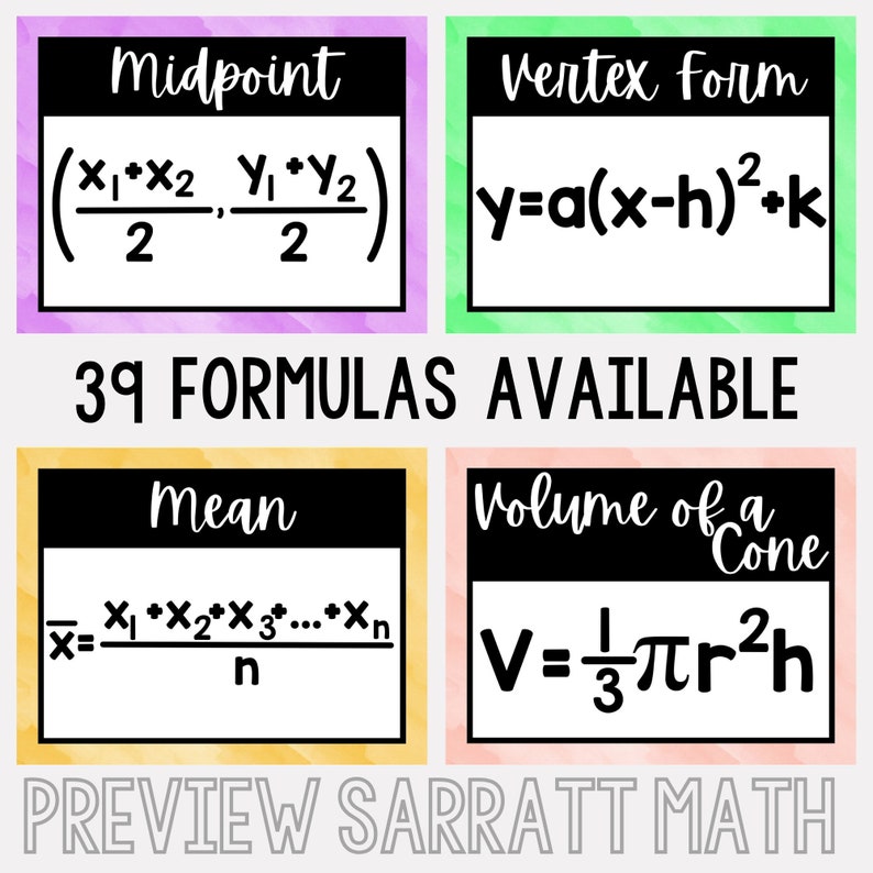 Math Formula Posters: Watercolor Classroom Decor (digital Download) - Etsy