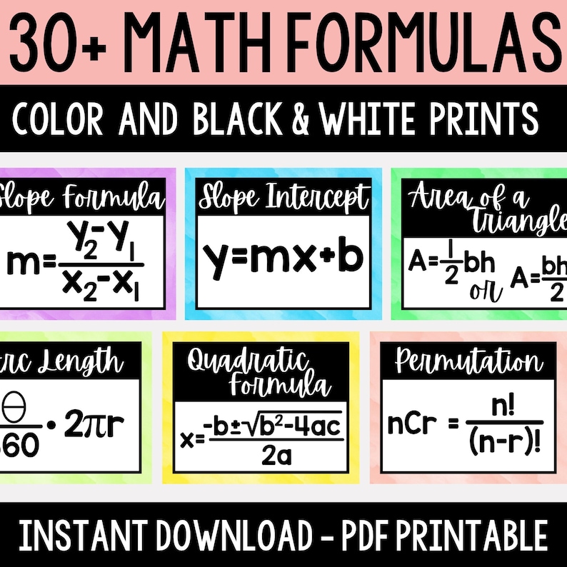Math Formula Posters: Watercolor Classroom Decor (digital Download) - Etsy