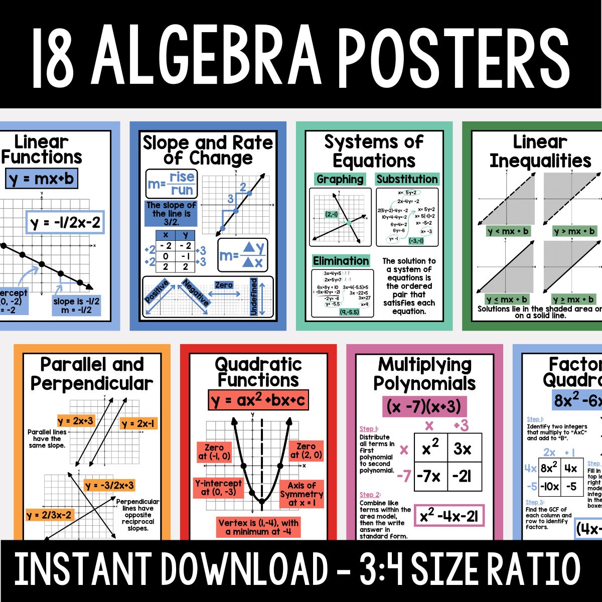 18 Algebra Posters Wildflower Colors Printable Math Posters Math ...