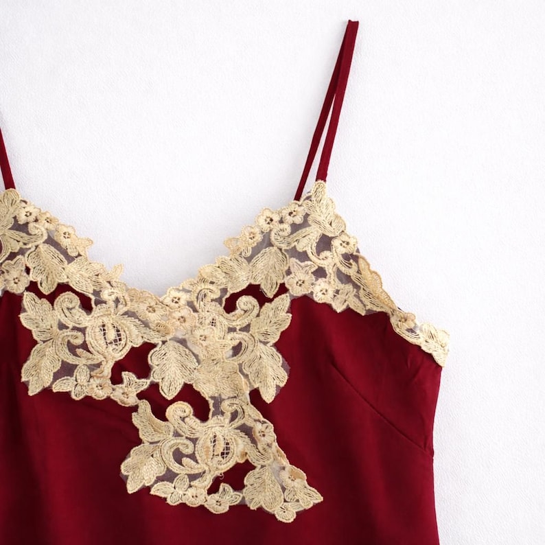 Burgundy Red Satin Chemise Nightwear Slip Dress Babydoll With Floral ...