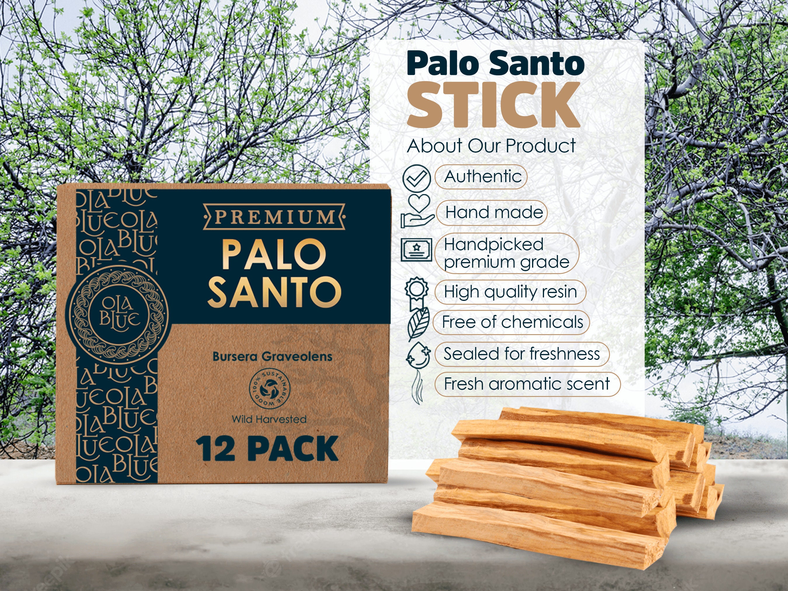Ola Blue Palo Santo Sticks Premium Resin 12-pack Peruvian Authentic ...