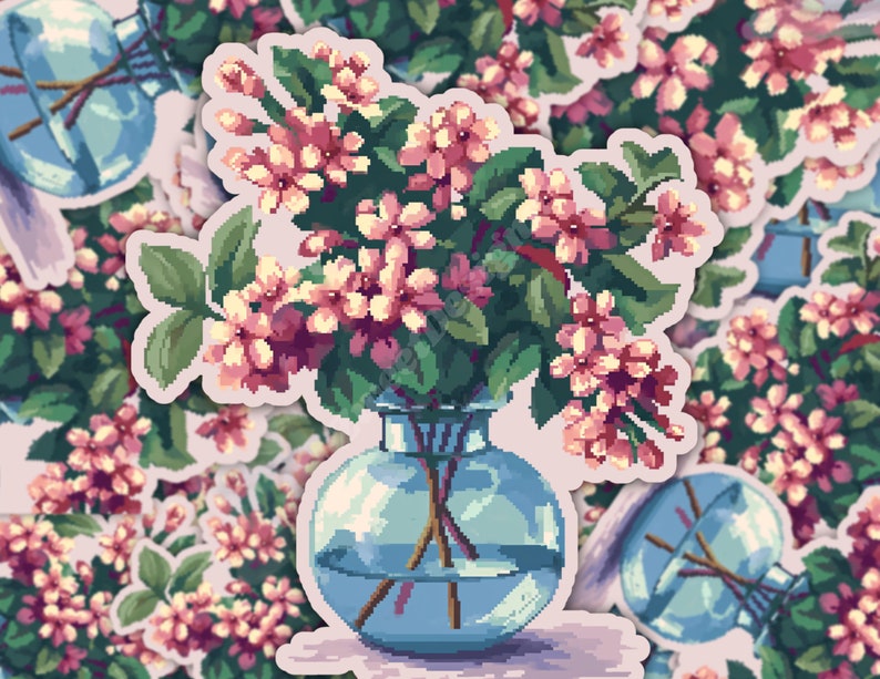 8-bit Pink Blossoms Pixel Petals Pixel Sticker 8-bit Pink Flowers ...