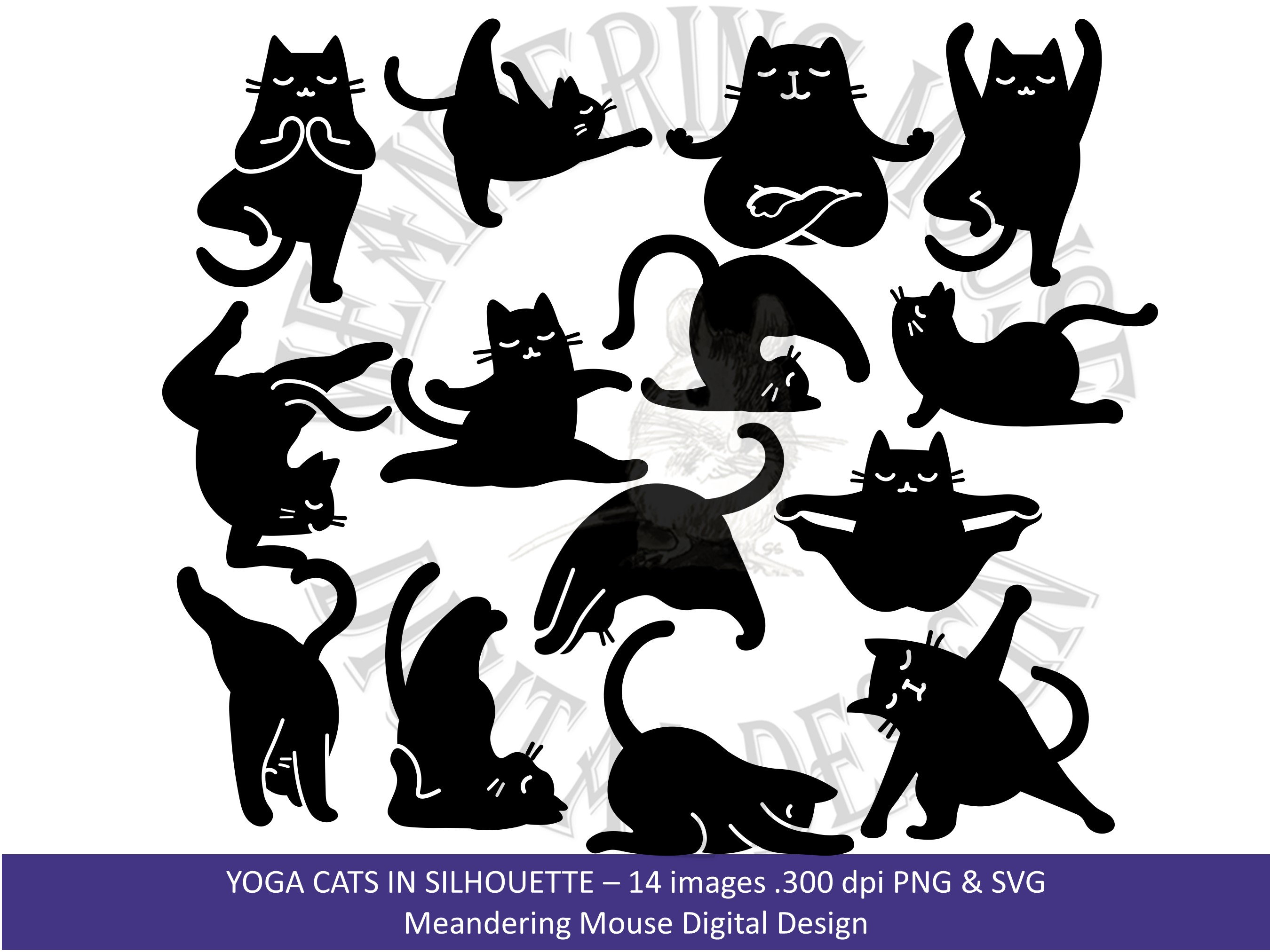 Yoga Cats in Silhouette - Digital Stamps, Cat Yoga, Digi Cat Stamps, Yoga Poses, Feline Yoga ...