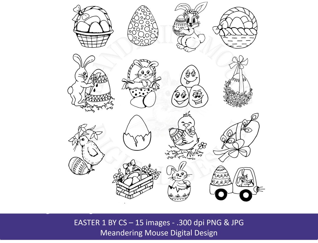 EASTER 1 by CS - Digital Stamp - Hand Drawn, Outlines, Easter Eggs, Basket, Bunny, Card Making ...