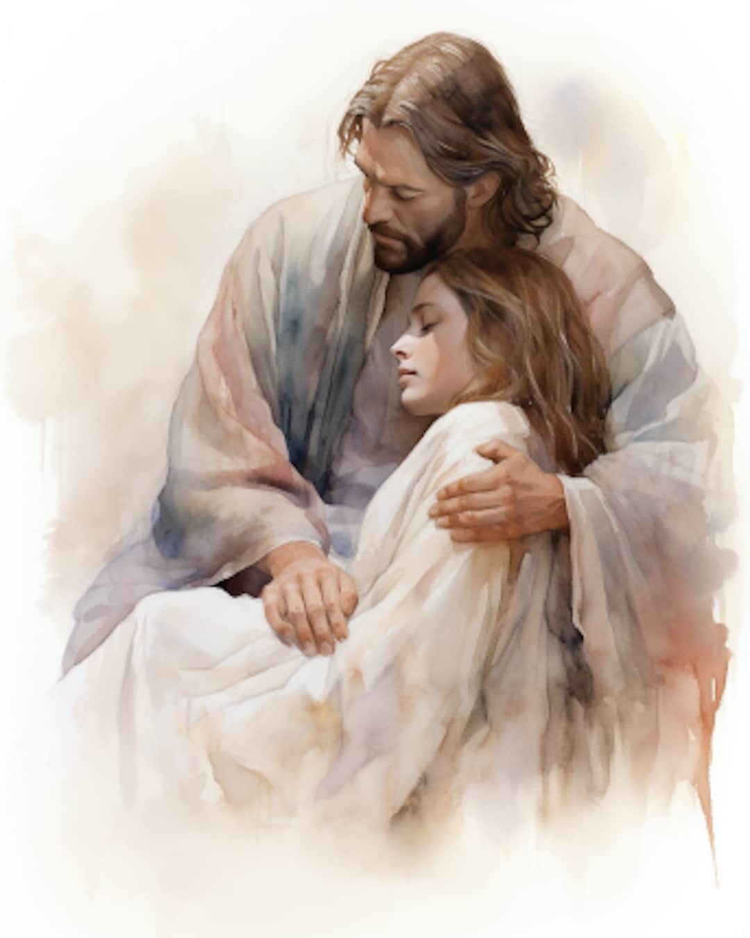 JESUS CHRIST - Jesus Comforts Young Woman, Watercolor Image, Faith ...