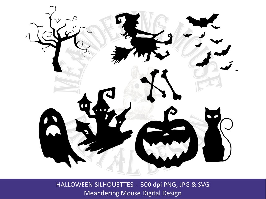 Halloween Silhouettes: Witch, Ghost, Haunted House (digital Stamps) - Etsy