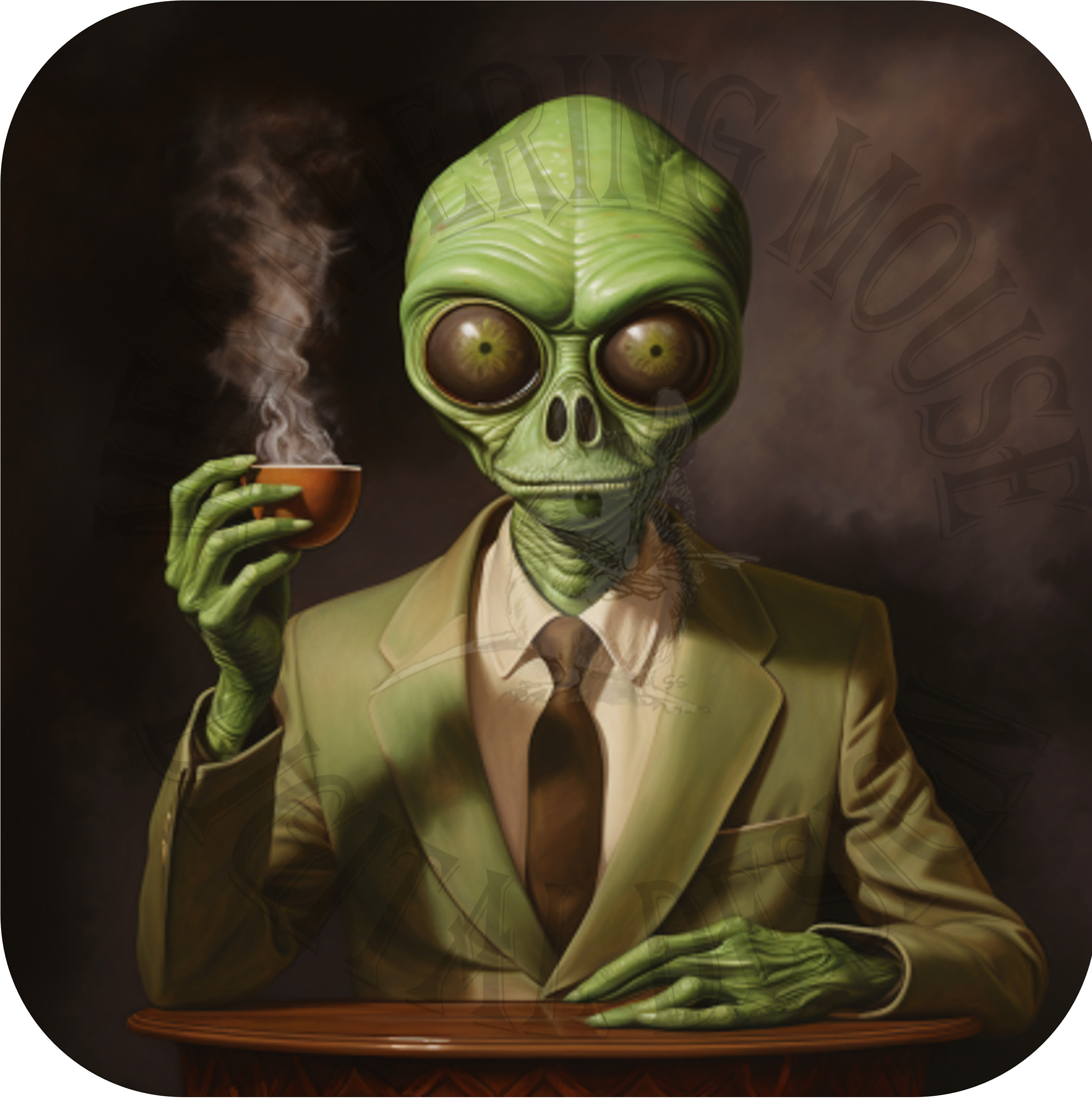 Alien Drinking Coffee Art - Green Alien in Suit PNG (digital Download ...