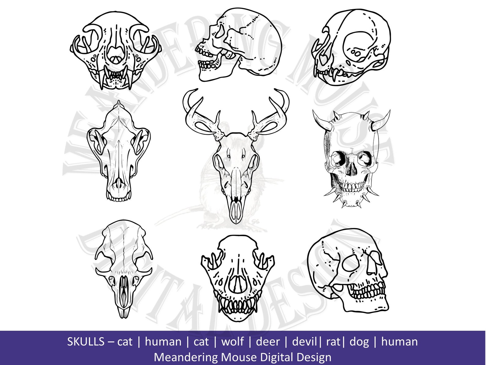 SKULLS Digi Stamps Human, Wolf, Rat, Cat, Devil, Deer Skulls, Svg, Jpg ...