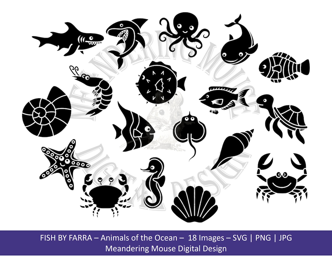 Sea Life Digital Stamps: Fish, Octopus, Shark - SVG, PNG, JPG (digital ...