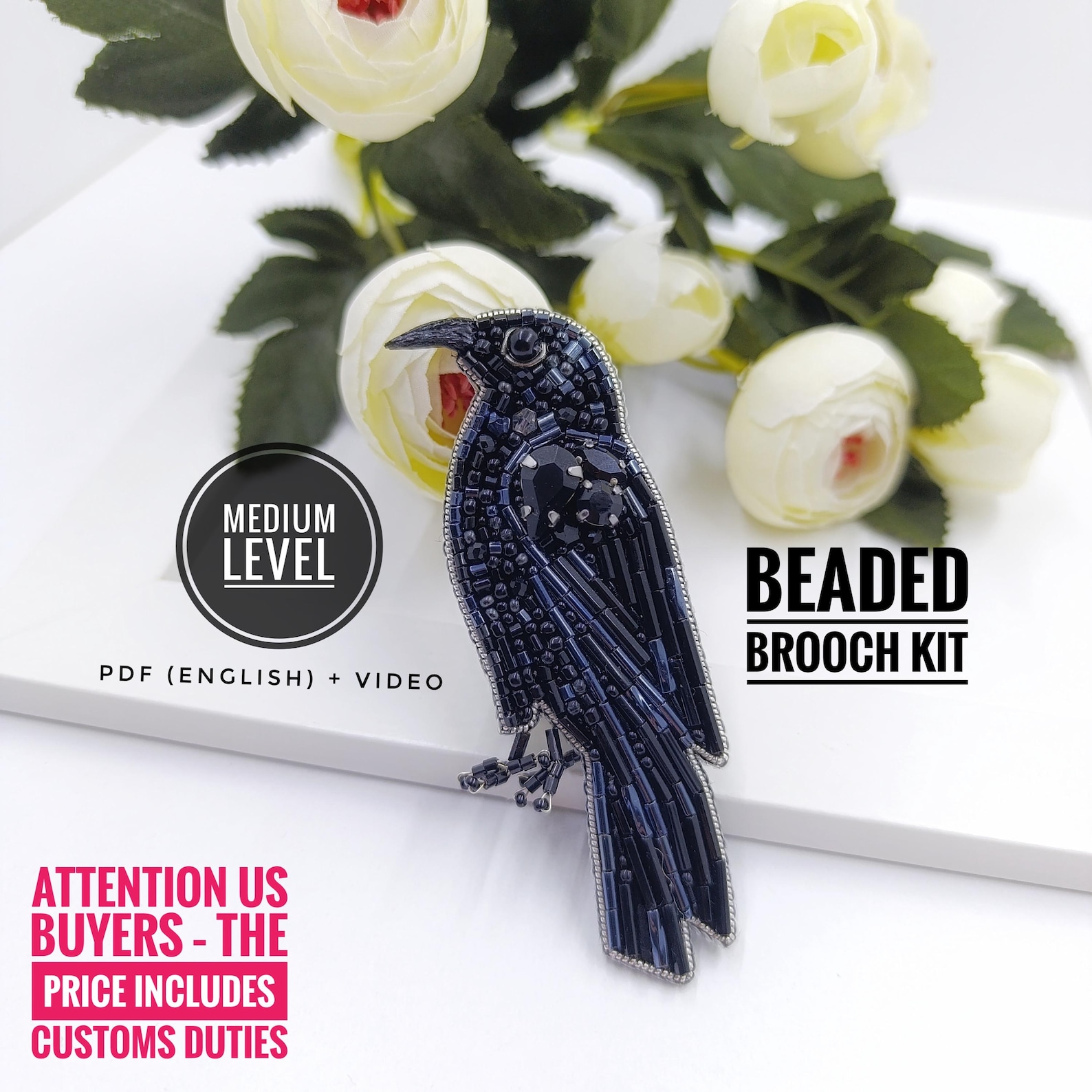 Black Raven Brooch Kit, Embroidery Bird Kit, Crow Beaded Brooch Kit ...