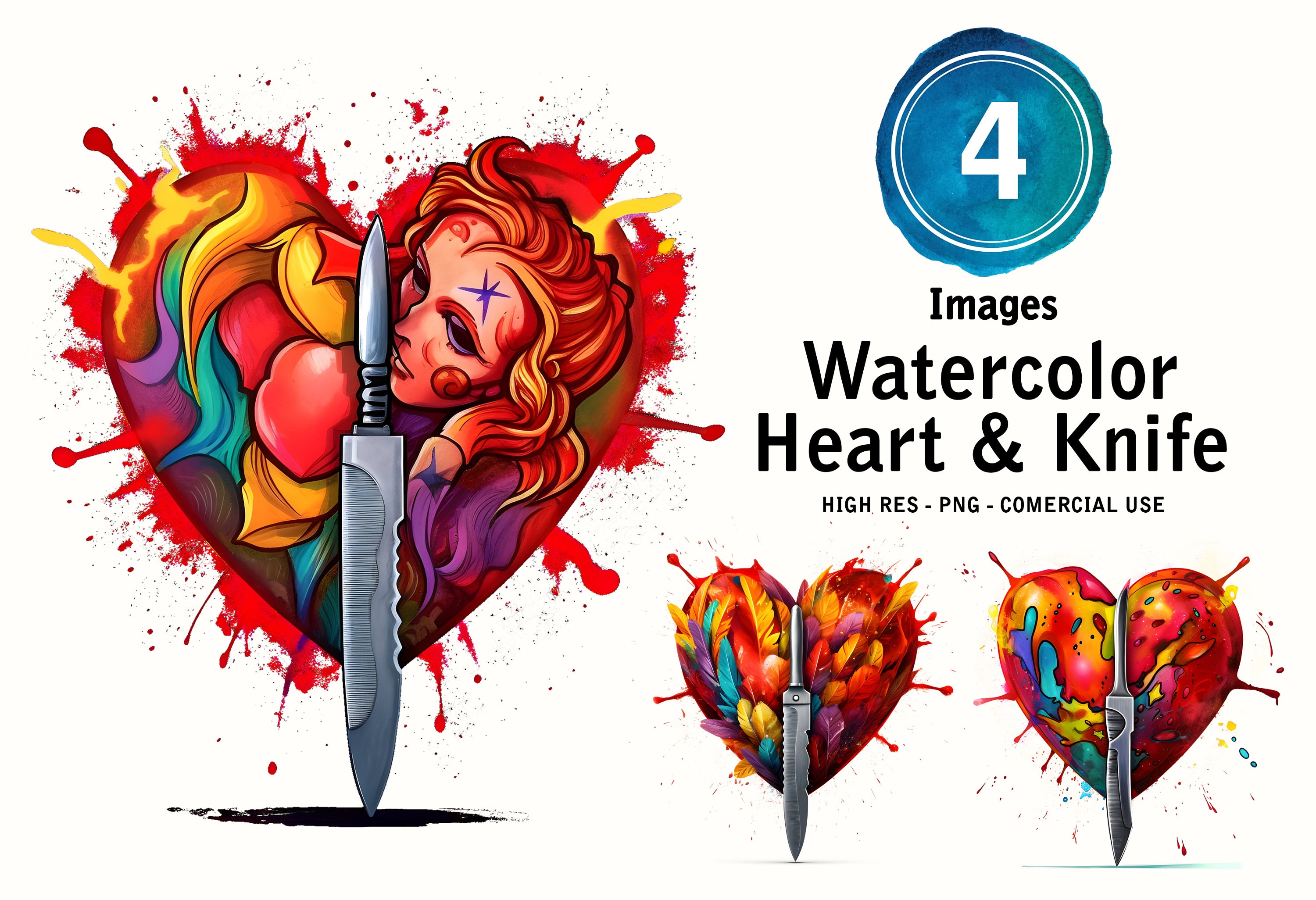 Heart and Knife Watercolor PNG, Clipart, Sublimation, Wall Art, Heart ...