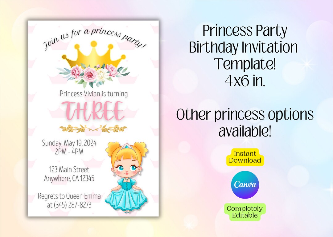 Princess Birthday Party Invitation, Editable Princess Birthday Party ...