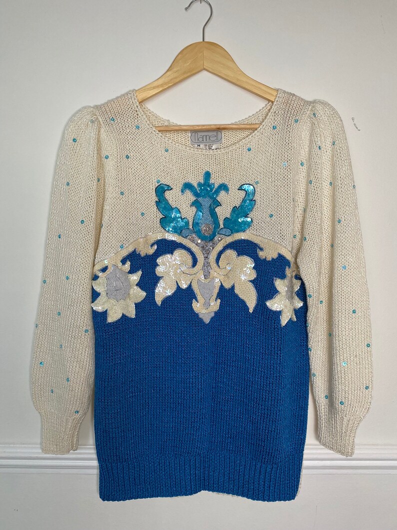 Cream and Blue 1980s Sparkly Applique Sequins Jumper Size S/M - Etsy