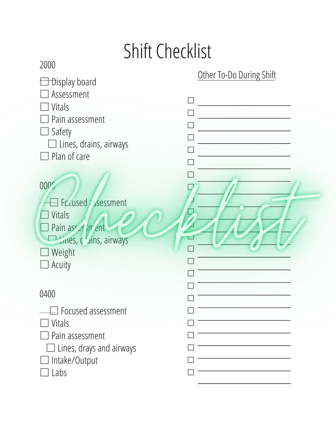 Shift Checklist for Nurses - Etsy Shift Checklist for Nurses - Etsy