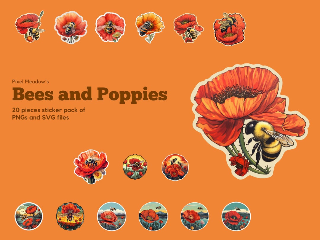 Cute Summer Bees With Poppies Stickers PNG, SVG Bundles, Poppies With ...