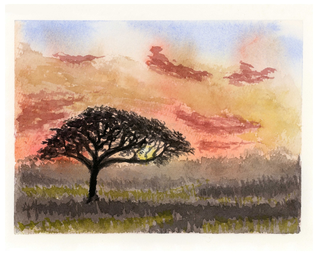 Hand Painted Sunset Tree Downloadable Print From Original Watercolor - Etsy