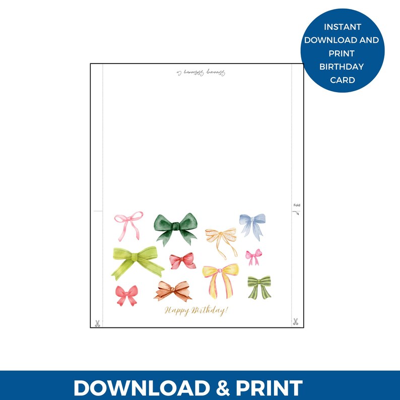 Printable Bow Birthday Card| Watercolor Bows Instant Print and Download ...