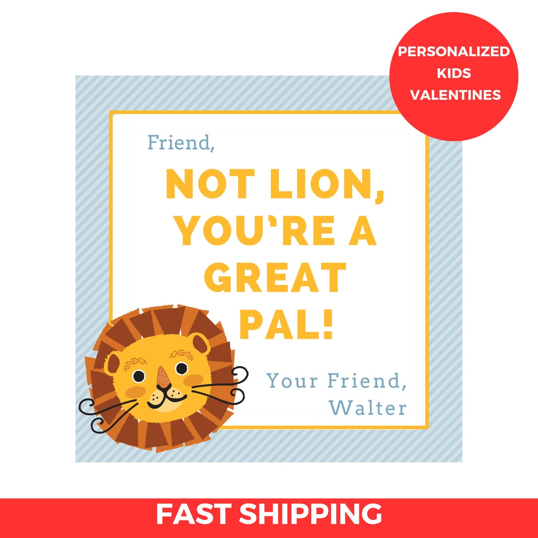 Personalized Kids LION VALENTINE pack of 24 Class Valentines Not Lion ...